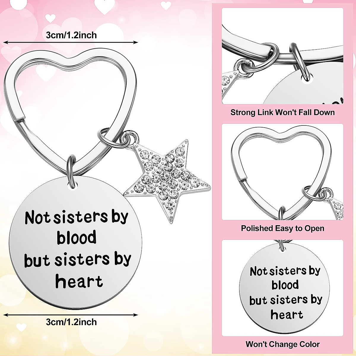 Set of 8 Sister Friends Gifts Not Sisters by Blood But Sisters by Heart 15 oz Funny Stemless Wine Glasses Friendship Keychain Birthday Christmas Gift for Sisters in Law Friends Women Girls Female