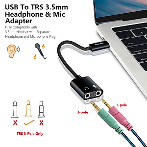 ENVEL USB to 3.5mm Audio Adapter,External Stereo Sound Card with Dual TRS 3-Pole 3.5mm Headphone and Microphone Jack for PS4/PS5/PC/Laptop, Built-in Chip Mic-Supported Headphone Adapter (Black Pro)