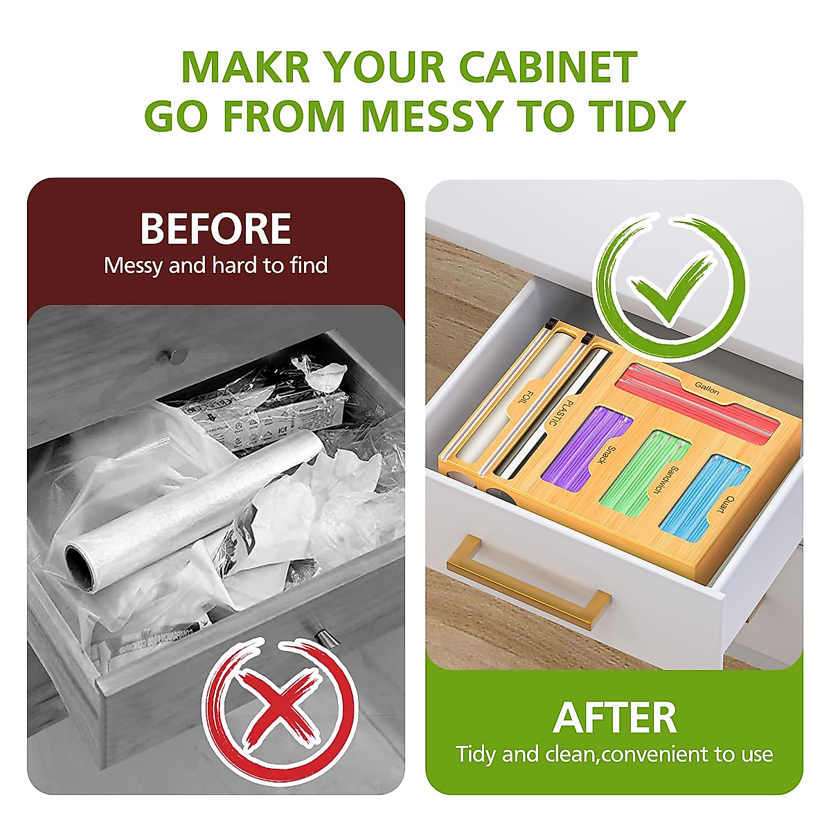 Lawmoliw Bag Storage Organizer for Kitchen Drawer, 6 in 1 Foil and Plastic Wrap Dispenser with Cutter, Bamboo Plastic Bag Food Baggie Organizer for Gallon, Quart, Sandwich, Snack