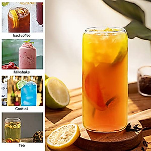8 Pack 20oz Drinking Glasses Iced Coffee Cups Glass Beer Cups Tumbler Glass with Bamboo Lids and Straws Glasses Cups Can Shaped Glass Gups Large Drinking Can Cups for Smoothies Boba Juice Soda Tea