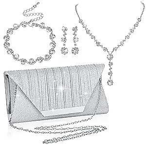 4 Pcs Bling Clutch Purse Rhinestone Jewelry Set for Women Evening Bag Crystal Earrings Bridal Necklace Bracelet Accessories for Wedding Ladies Prom Party (Silver)