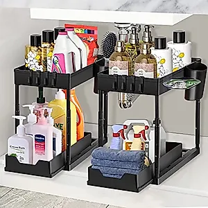 Eufrozy 2 Pack 2-Tier Under the Sink Organizer Bathroom, Sliding Under Cabinet Basket Organizer Adjustable Height Under Sink Storage for Kitchen Shelf Multi-Purpose Rack Drawer with 8 Hook 2 Cup