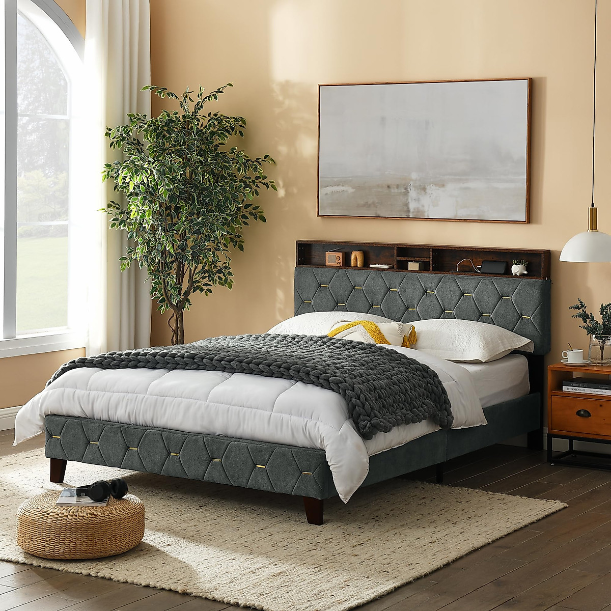 AnwickNomo Queen Size Wood Bed Frame with Fabric Upholstered Headboard and Solid Wood Slats,Wood Platform Bed with Outlet & USB Ports,No Box Spring Needed/Easy Assembly (Grey, Queen)