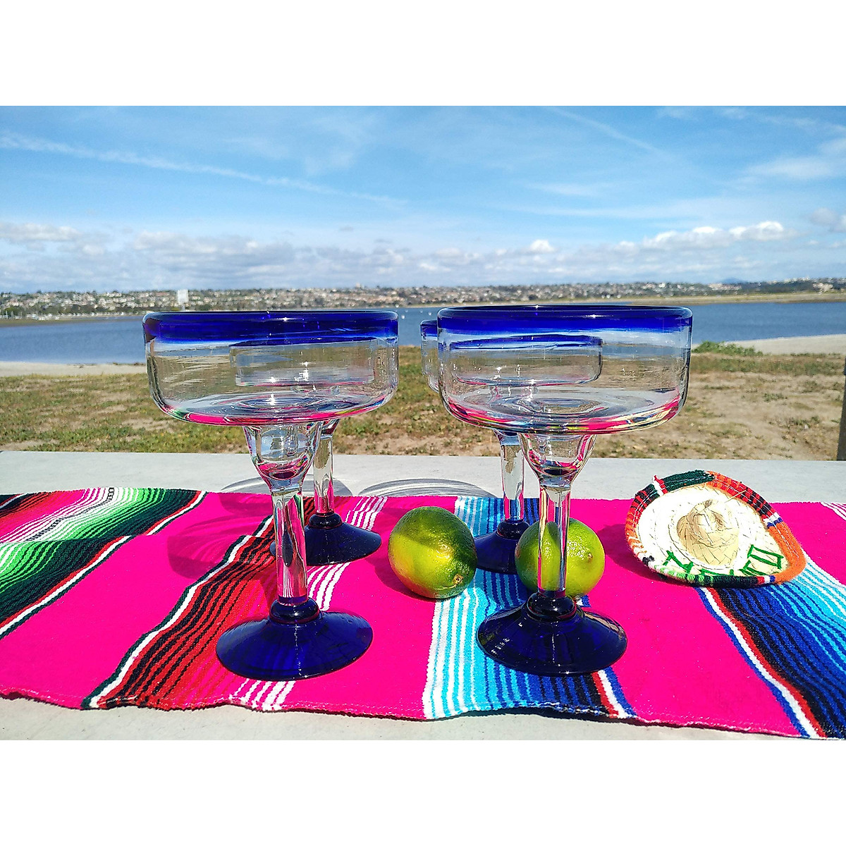 Dos Sueños Mexican Hand Blown Glass - Set of 4 Hand Blown Margarita Glasses - Cobalt Blue Rim (16 oz)