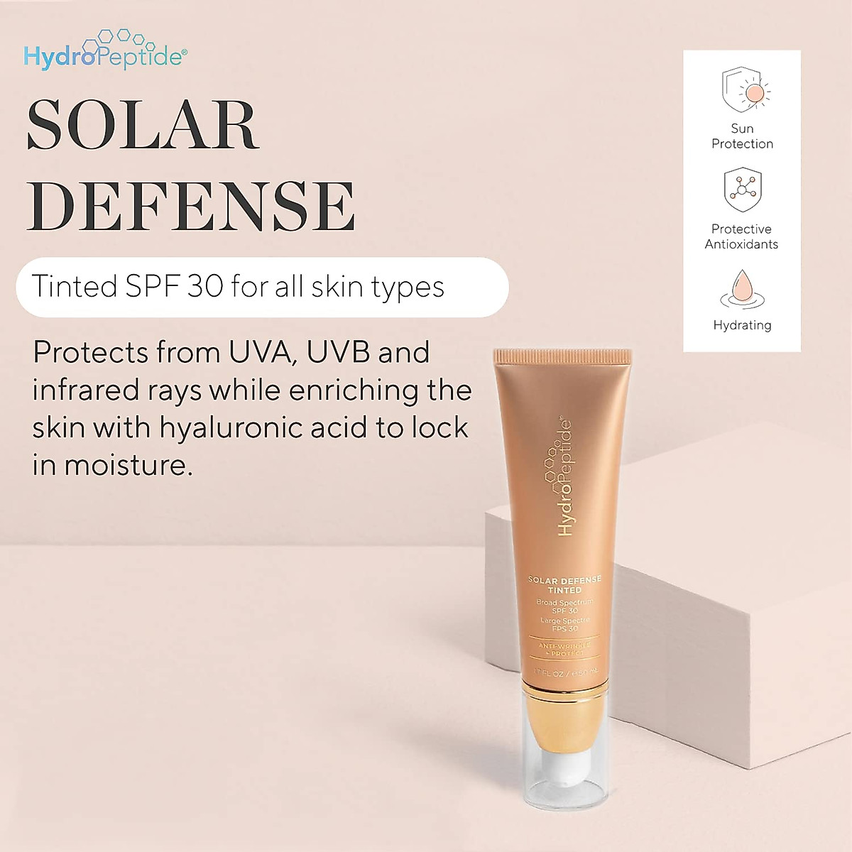 HydroPeptide Solar Defense Face Sunscreen, SPF 30 Broad Spectrum, Tinted BB Cream, Moisturizing Antioxidant, Reef-Safe,1.7 Ounce (Packaging May Vary)