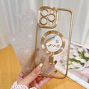 Fiyart Compatible with iPhone 13 Pro Max Case,Compatible with MagSafe Love Heart Plating Camera Protection Clear Phone Case, Magnetic Glitter for Women Girls Shockproof Back Bumper 6.7"-Gold