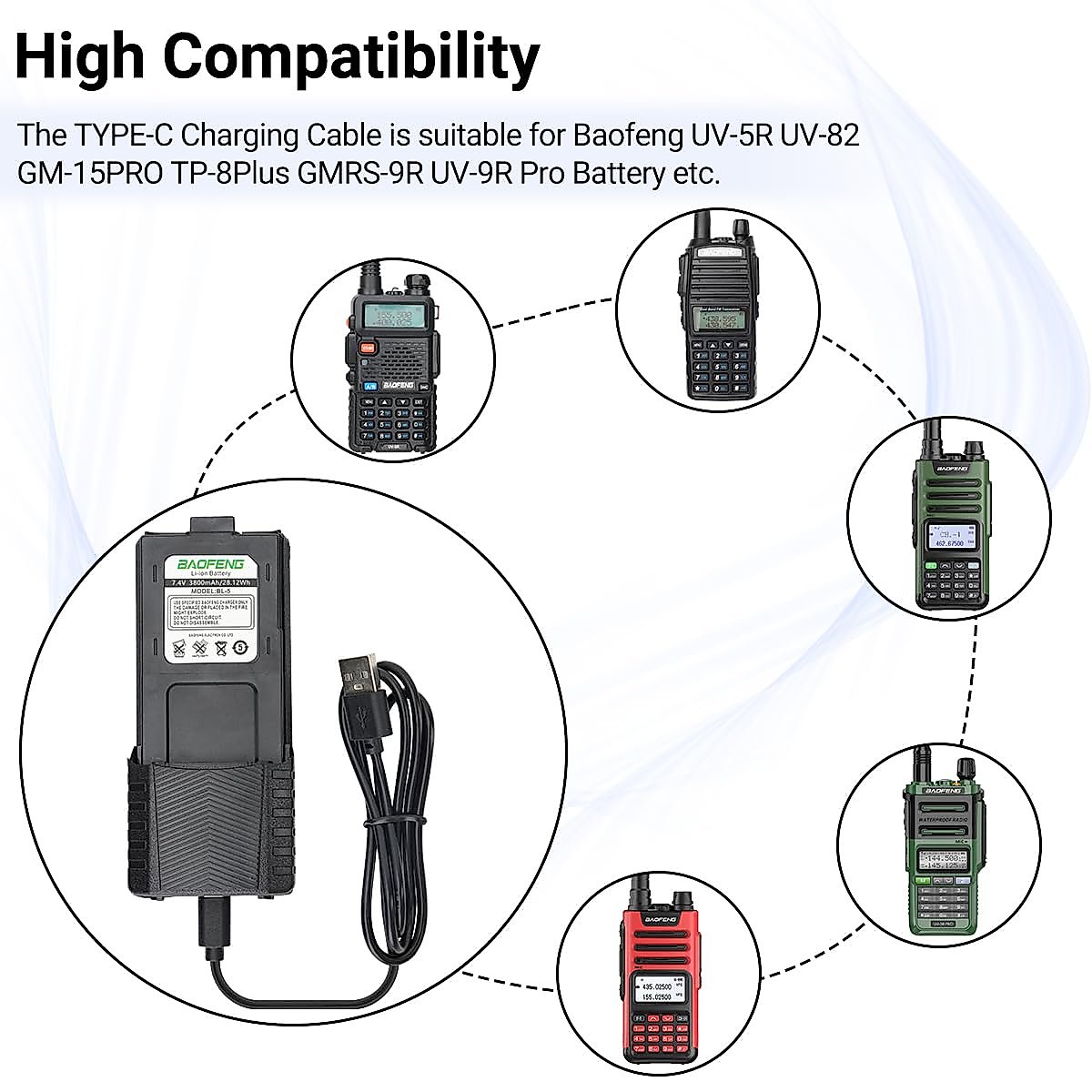 BAOFENG BL-5 3800mAh Extended Battery Walkie Talkie UV-5R BF-8HP UV-5RX3 RD-5R UV-5RTP UV-5R MK2 MK3X MK5 Plus Series Two Way Radios (UV-5R 3800+Type-C Charging Cable)