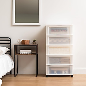 IRIS USA Plastic 5 Drawer Wide Storage Drawer Cart with 4 Caster Wheels for Home, Closet, Bedroom, Bathroom, Office, Laundry, Kitchen, Craft Room, Nursery and School Dorm, White, Set of 1