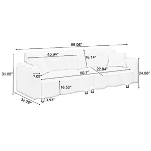 Elevon 96 Inch Modern Sofa Couch, Comfy Cloud Couch Loveseat Sofa Teddy Velvet Upholstered, 3 Seater Cozy Deep Seat with 2 Pillows for Living Room Bedroom Apartment Office, White