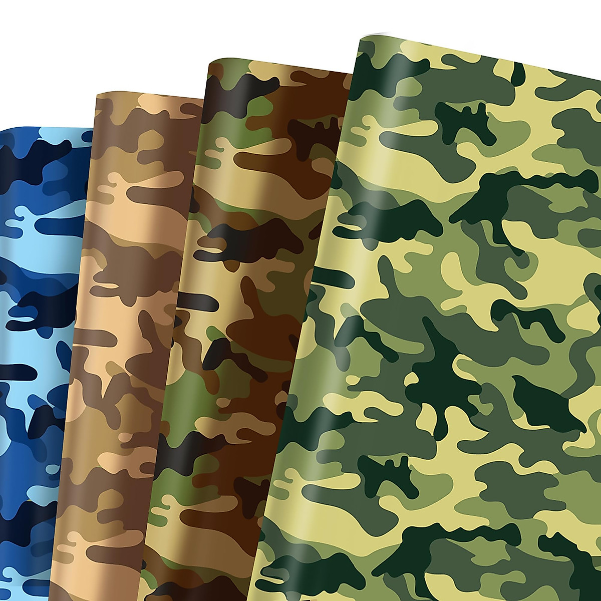 Lide Road Camo Wrapping Paper Set, 12 Sheets Army Wrapping Paper for Birthday Veterans Day 4 Style Green Blue Camouflage Gift Wrap for Veterans Day Paper Decorations 20'' x 27''