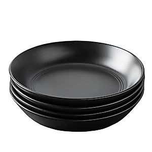 AmorArc 9.5'' Stoneware Pasta Bowls, 38oz Large Wide Salad Serving Bowls Set of 4 for Pasta Salad Snacks Bread Meal, Microwave Safe Flat bowls for Kitchen, Matte Black