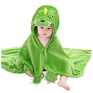TONWHAR 0-4 Years Toddlers' And Kids' Boys Girls Animal Face Hooded Blanket Baby's Bathrobe,Plush After Bath Blanket (Green Dinosaur)