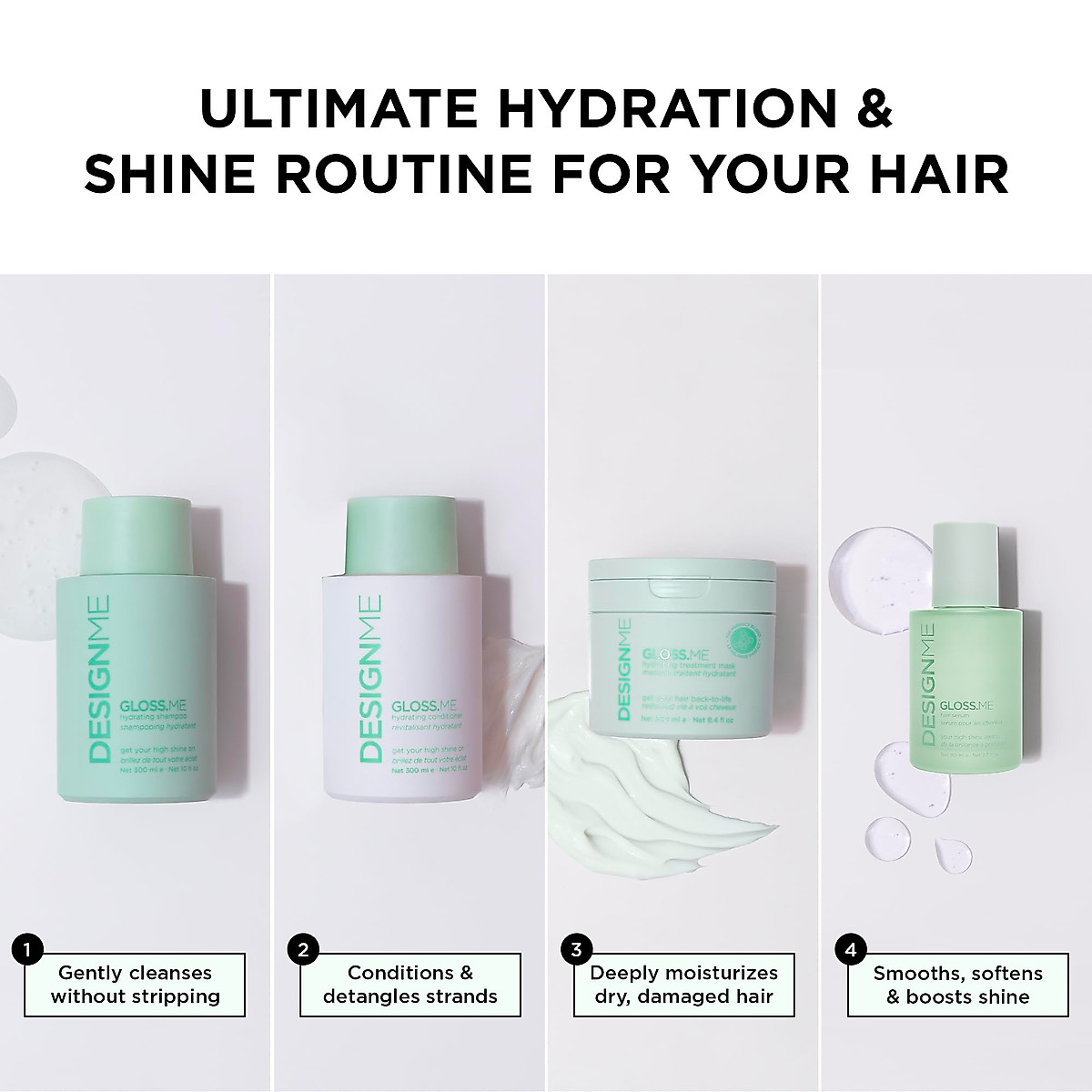 GLOSS.ME Hydrating & Shine System by DESIGNME | Natural, Sulfate Free Shampoo, Hair Conditioner for Dry Hair, Hair Serum, & Hair Mask | With Moisturizing Hemp & Argan Oil for Strong, Soft & Shiny Hair