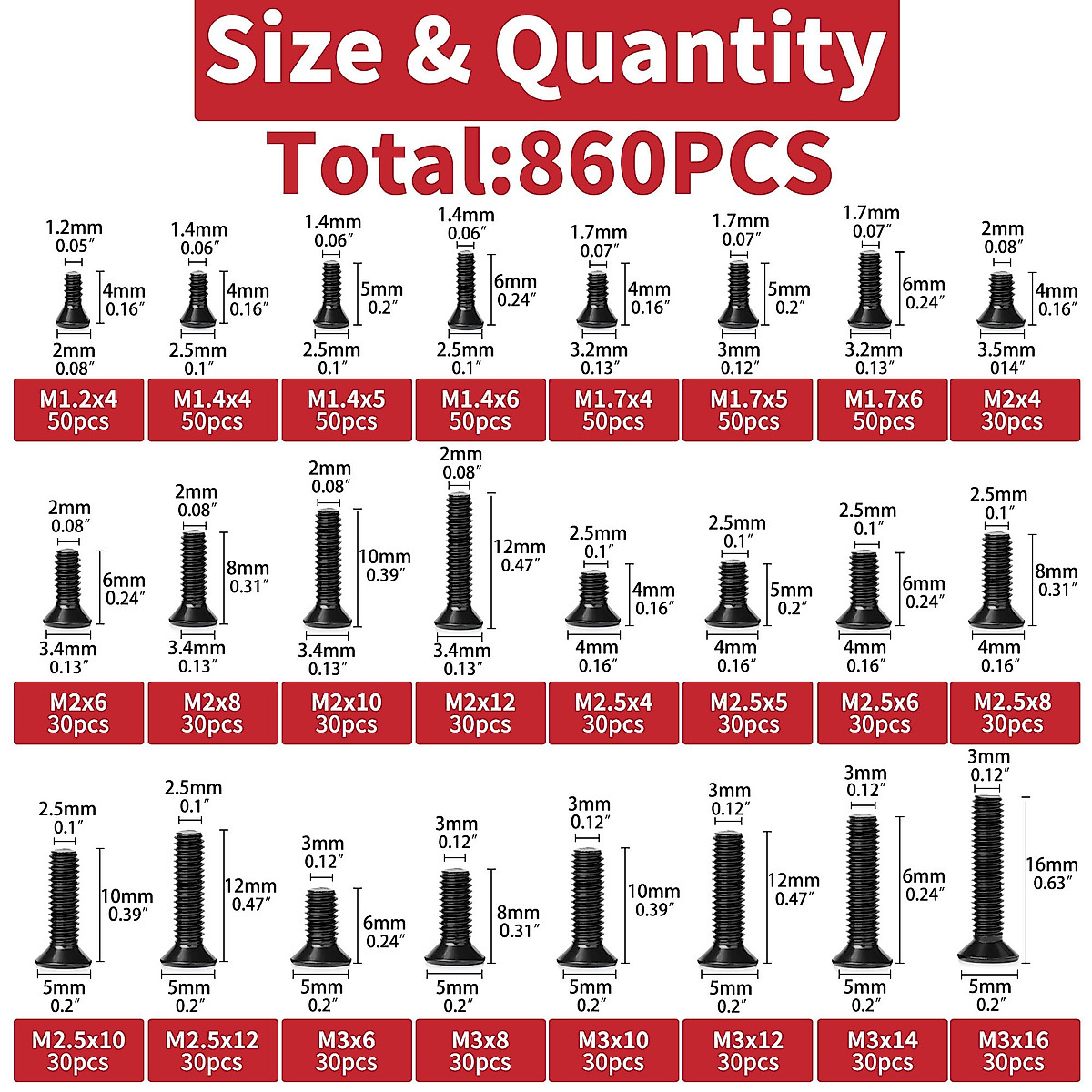 SAHHIVRM 860 PCS Small Computer Screws Assortment Kit, Black Tiny Eyeglass Screws M1.2 M1.4 M1.7 M2 M2.5 M3, PC & Laptop SSD Hard Drive CPU Cooler Screw, M.2 Electronic Screw Set.