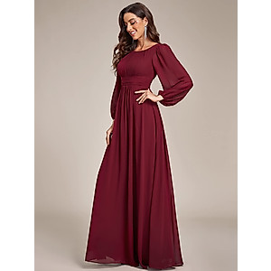 Ever-Pretty Women's Classic A-Line Chiffon Ruched Long Formal Dress with Sleeves Burgundy US10