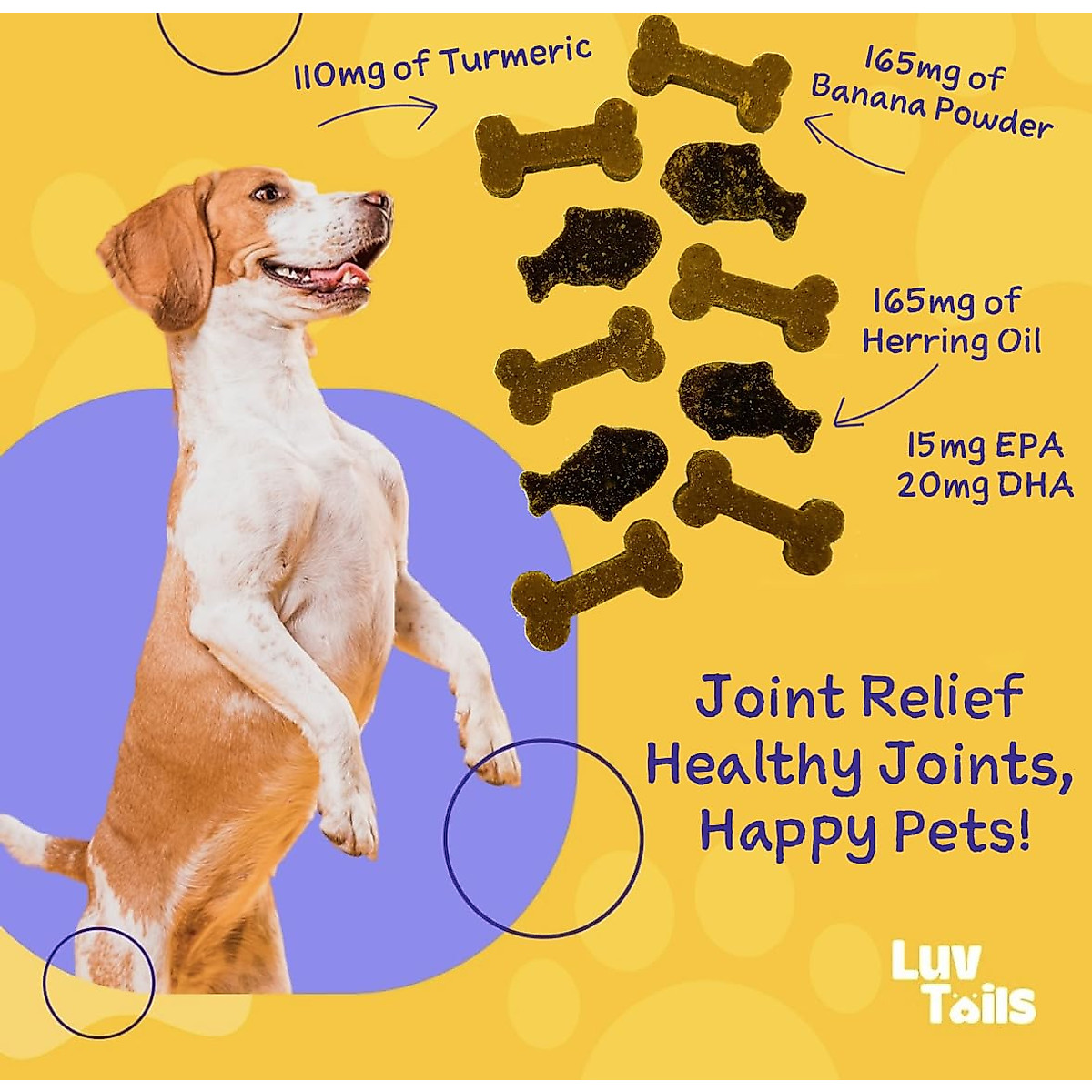 LuvTails Joint Relief Soft Chew Supplements for Dogs, Omega 3 for Dogs Chewable EPA, DHA Dog Omega 3 Supplement with Herring Oil, Turmeric, Banana Powder 60 Chews