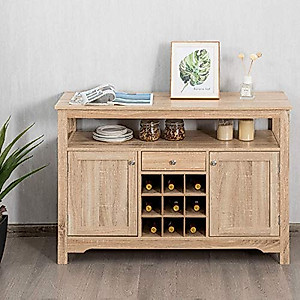 ReunionG Buffet Sideboard, Wine Console Table, Wooden Kitchen Organizer w/2 Cabinets, 1 Drawer and 9 Wine Cabinets, Farmhouse Storage Cupboard, Wine Rack, Server Table, Dining Room Furniture (Natural)