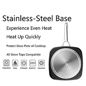 MsMk Square Grill Pan with lid, Stay-Cool Handle, Each Ridge Nonstick, Oven Safe Dishwasher Safe Induction Grill pans for Stove Tops, Square Frying Pan, Bacon Pan, Indoor Chicken Skillet, 11-Inch