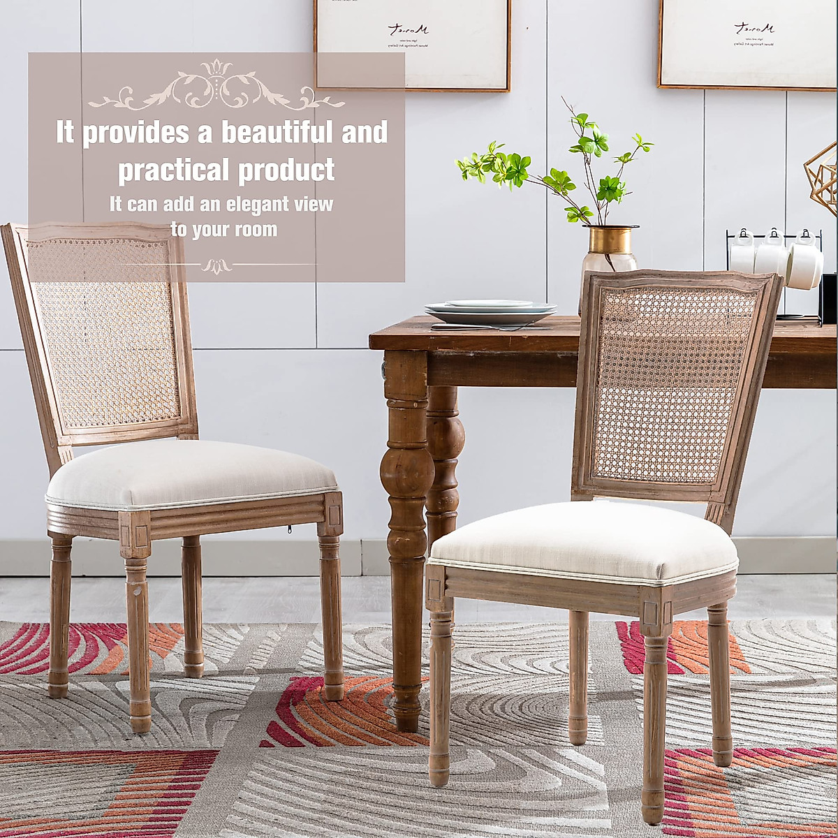 Nrizc Farmhouse Dining Room Chairs Set of 4, French Dining Chairs with Square Rattan Back, Solid Wood Legs, French Bistro Chairs for Dining Room/Living Room/Kitchen/Restaurant