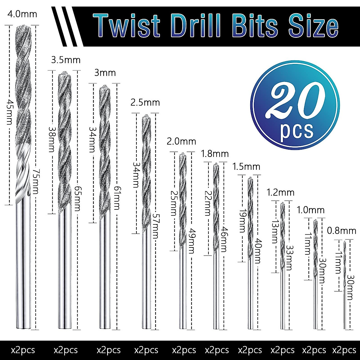 20 Pieces Diamond Drill Bits Set Twist Diamond Tip Drill Bit Heavy Duty Micro Diamond Drill Bit Set for Glass Tile Jewelry, 0.8 mm 1.0 mm 1.2 mm 1.5 mm 1.8 mm 2.0 mm 2.5 mm 3.0 mm 3.5 mm 4.0 mm