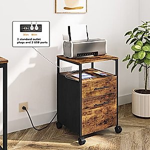 HOOBRO 2 Drawers File Cabinet, Filing Cabinet with Charging Station, Office Cabinet with Open Shelf, Wheels, Hanging File Folders, for A4, Letter Size, Home Office, Rustic Brown BF651WJ01