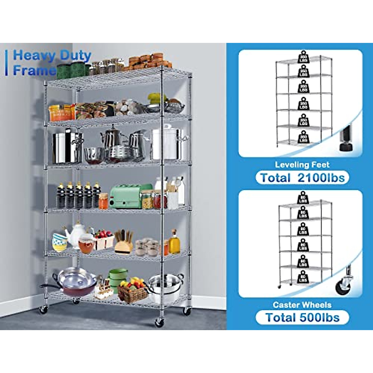 6-Tier Metal Wire Shelving Unit w/Wheels Height Adjustable Storage Rack NSF Certified Storage Shelves 2150/500 Lbs Capacity Standing Utility Shelf for Laundry Kitchen Pantry Garage Organization