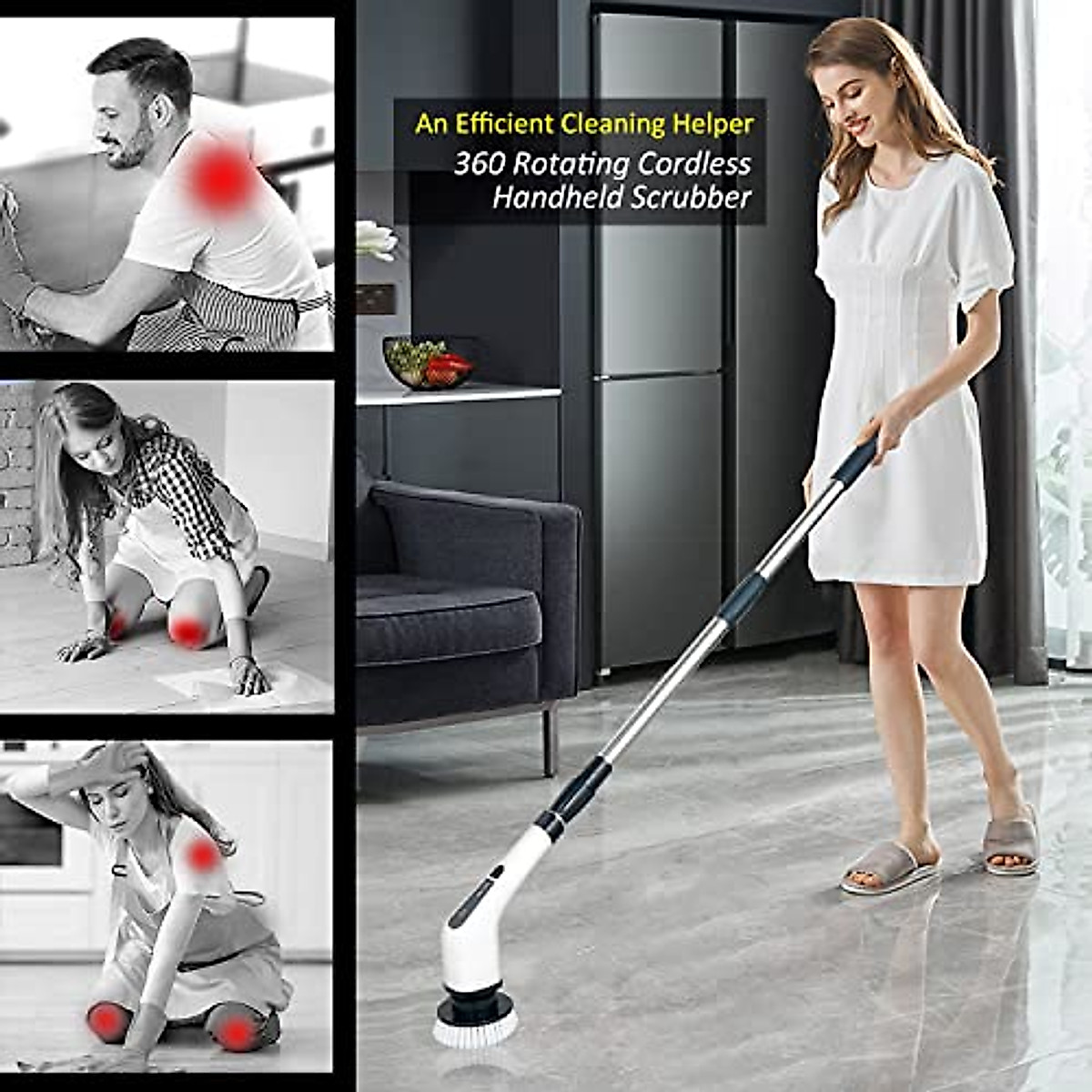 Electric Spin Scrubber, Cordless Bath Tub Power Scrubber with 8 Replaceable Drill Brush Heads, Shower Cleaning Brush with Adjustable Handle for Bathroom, Tile Floor & Car