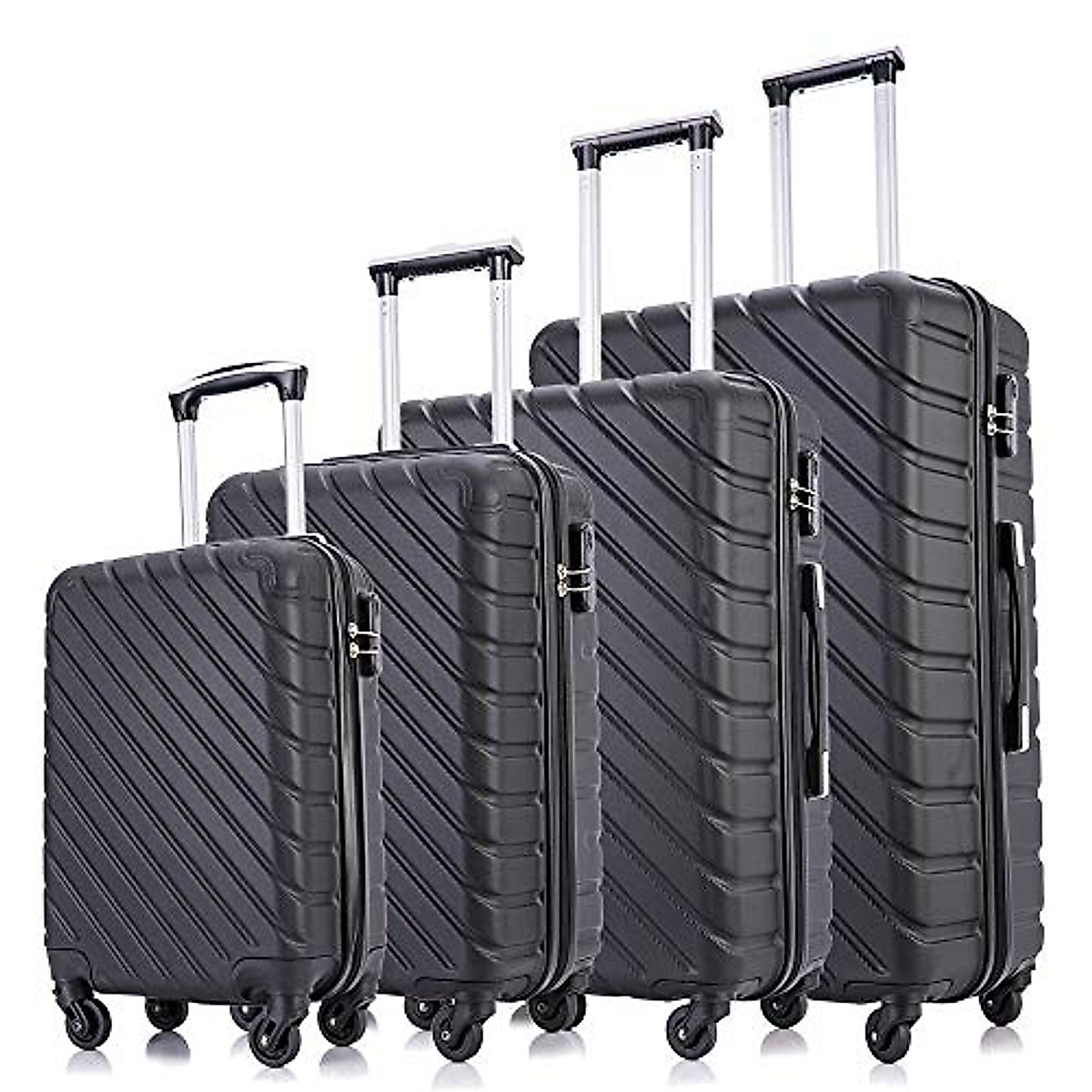 Apelila 4 Piece Hardshell Luggage Sets, Black Travel Suitcase, Check in & Carry On Luggages with Spinner Wheels Free Cover& Hangers Inside 18" 20" 24" 28"
