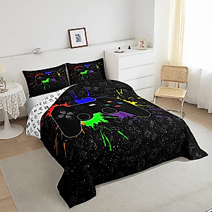 Manfei Boys Gaming Gamepad Comforter Set Twin,Video Games Controller Bedding Set 2pcs for Kids Teens Gamer Room Decor, Watercolor Graffiti Stylish Quilt Set,Cool Duvet Insert with 1 Pillowcase