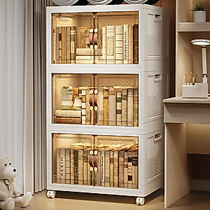 HPONQIONE Foldable Plastic Storage Box With Wheels and Doors XLLarge Storage Bin with Lid Organizers Stackable Storage Bins, Closet Organizers Double Door Magnetic with Universal Pulley(8.4Gal-3Pack)