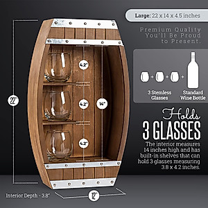 Wooden Wine Barrel Display - Pinewood Display Case with Sliding Cover Ideal for Wine Whiskey Scotch & More - 3 Built-In Shelves for Stemless Wine or Rocks Glasses, A Gift for Wedding or Any Occasion