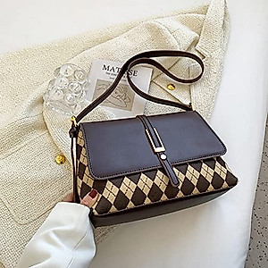 RTGGSEL Retro PU Leather Flap Shoulder Handbags for Women Quilted Lattice Tote Purse Ladies Designer Satchel Hobo Bag with Doll Pendant (Coffee)