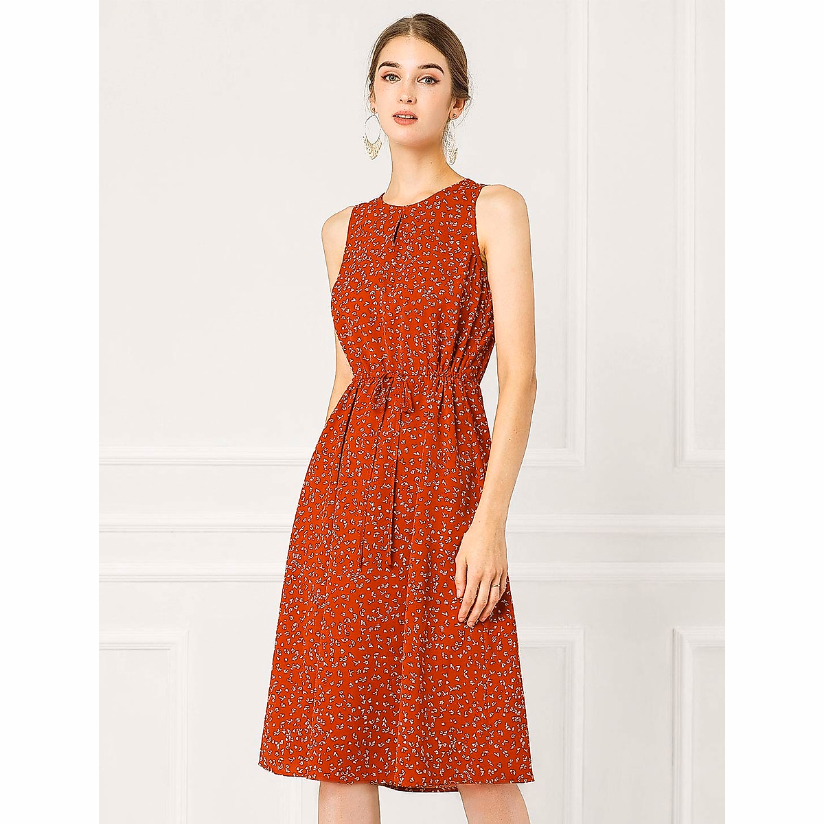 Allegra K Women's Sleeveless Split Neck Drawstring Waist Casual Floral Midi Dress X-Large Red