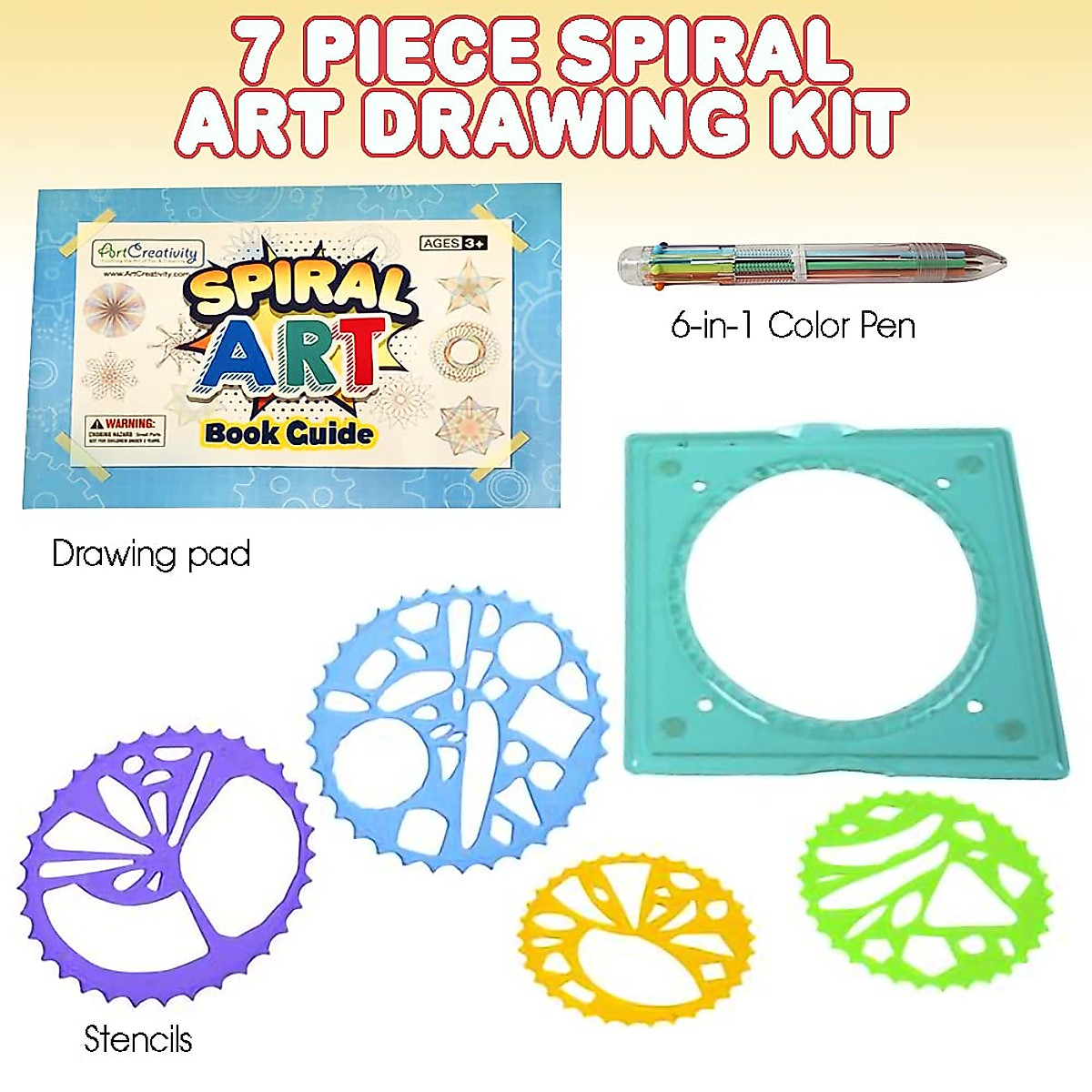 ArtCreativity Spiral Drawing Art Set for Kids - 7 Piece Kit - Includes 6-in-1 Color Pen, Drawing Templates and Sketching Pad - Unique Arts and Craft Supplies - Great Gift for Boys and Girls