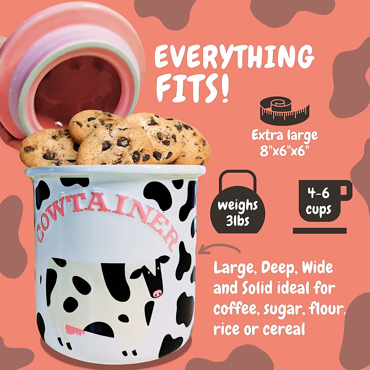 Cow Cookie Jar for Kitchen Counter Airtight Lids - Cute Ceramic Cow Gifts for Cow Lovers - Non Scratch Cow Print Stuff Gifts for Women - Food Storage Containers Cow Decor For Christmas (Large 8" x 6")