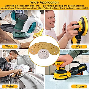 Spmarkt 50Pcs 5 Inch Sanding Discs, 8 Hole Dustless Hook and Loop, Gold Premium Sandpaper Set, 10 Each of Grit 80/120 / 180/240 / 320, for Woodworking or Automotive
