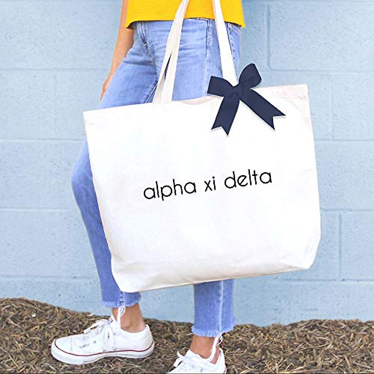 Tote Bags with Alpha Xi Delta Color Bow - Classic Sorority Name Design - Large Canvas Tote Bag for Women and Sisterhood