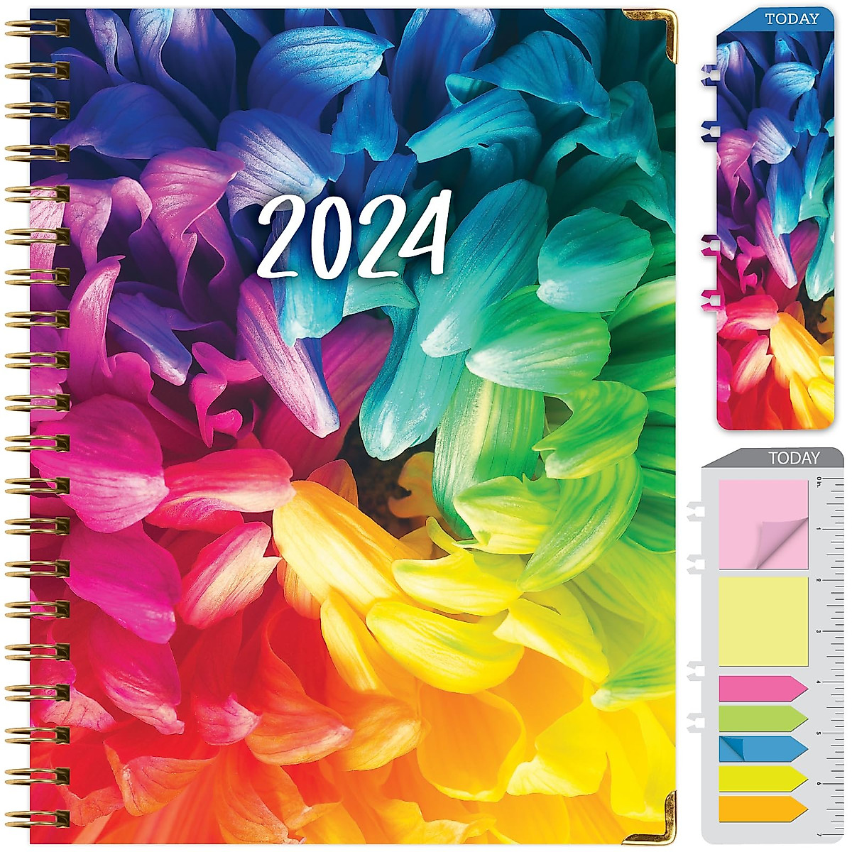 Global Printed Products, HARDCOVER 2024 Planner: (November 2023 Through December 2024) 8.5"x11" Daily Weekly Monthly Planner Yearly Agenda. Bookmark, Pocket Folder & Sticky Note Set (Rainbow Petals)