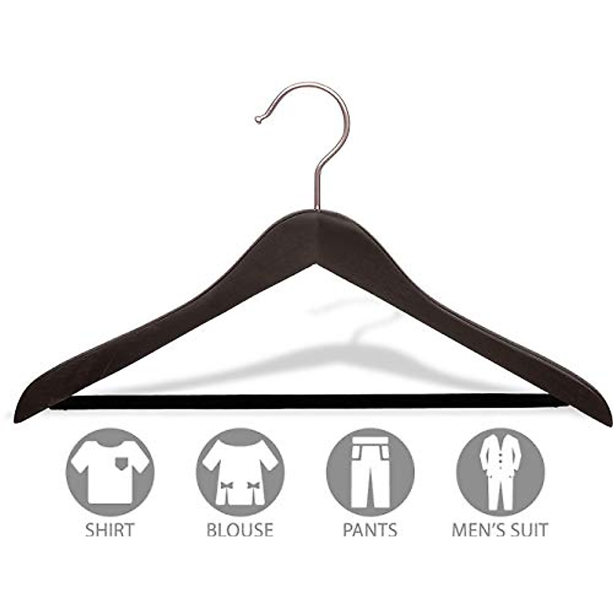 Espresso Finish Wood Suit Hanger with Velvet Flocked Bar in 17" Length X 5/8" Thick with Concave Body and Matte Nickel Hardware, Box of 24