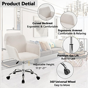 Modern Faux Fur Home Office Chair, Upholstered Faux Fur Makeup Vanity Chair, White Furry Cute Desk Chair with Wheels & Chrome Base, Ergonomic Adjustable Swivel Task Chair for Girls Women Bedroom Study