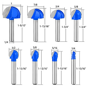 MEIGGTOOL 8Pcs Cove Box Cemented Carbide Router Bit for Woodworking, MDF and Plywood, 1/4" Shank Round Nose, 1/4" 5/16" 3/8" 1/2" 5/8" 3/4" 7/8" 1" Cutting Diameter