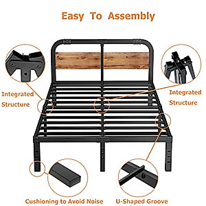 Aardhen California King Bed Frame 14 Inch Rustic Wood Headboard, Heavy Duty Steel Slats Support, Easy Assembly, No Box Spring Needed, Quiet and Sturdy