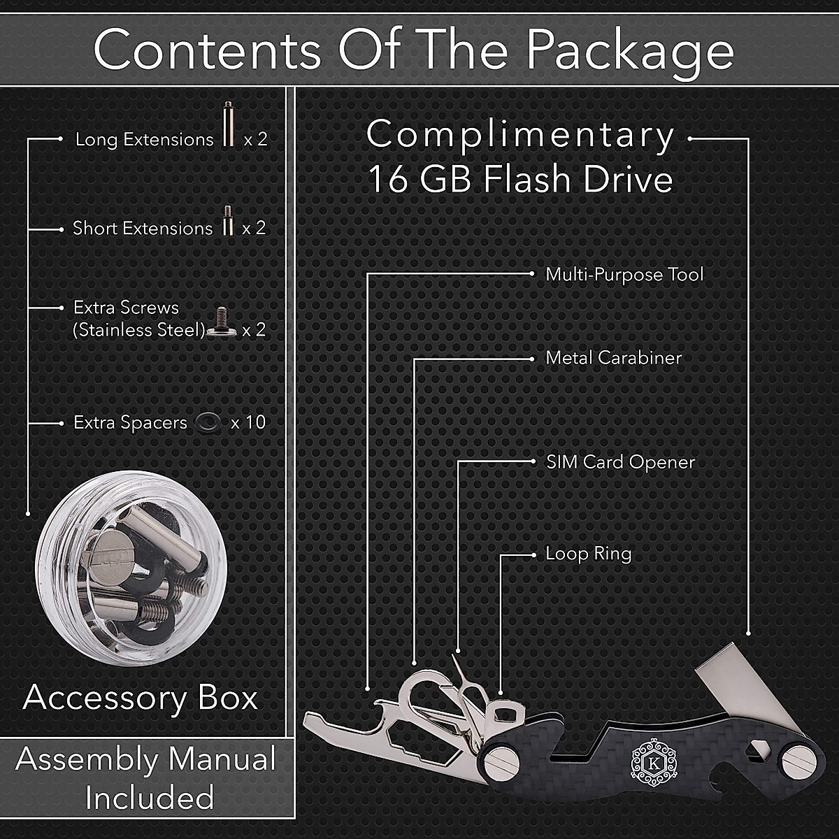 KINGSMEN Compact Smart Key Organizer Keychain – Premium Carbon Fiber Key Holder for Keychain with Keychain Accessories (16 GB USB, Multitool, Key Ring), Attach Car Key Holder & EDC, 25 Keys (Black)