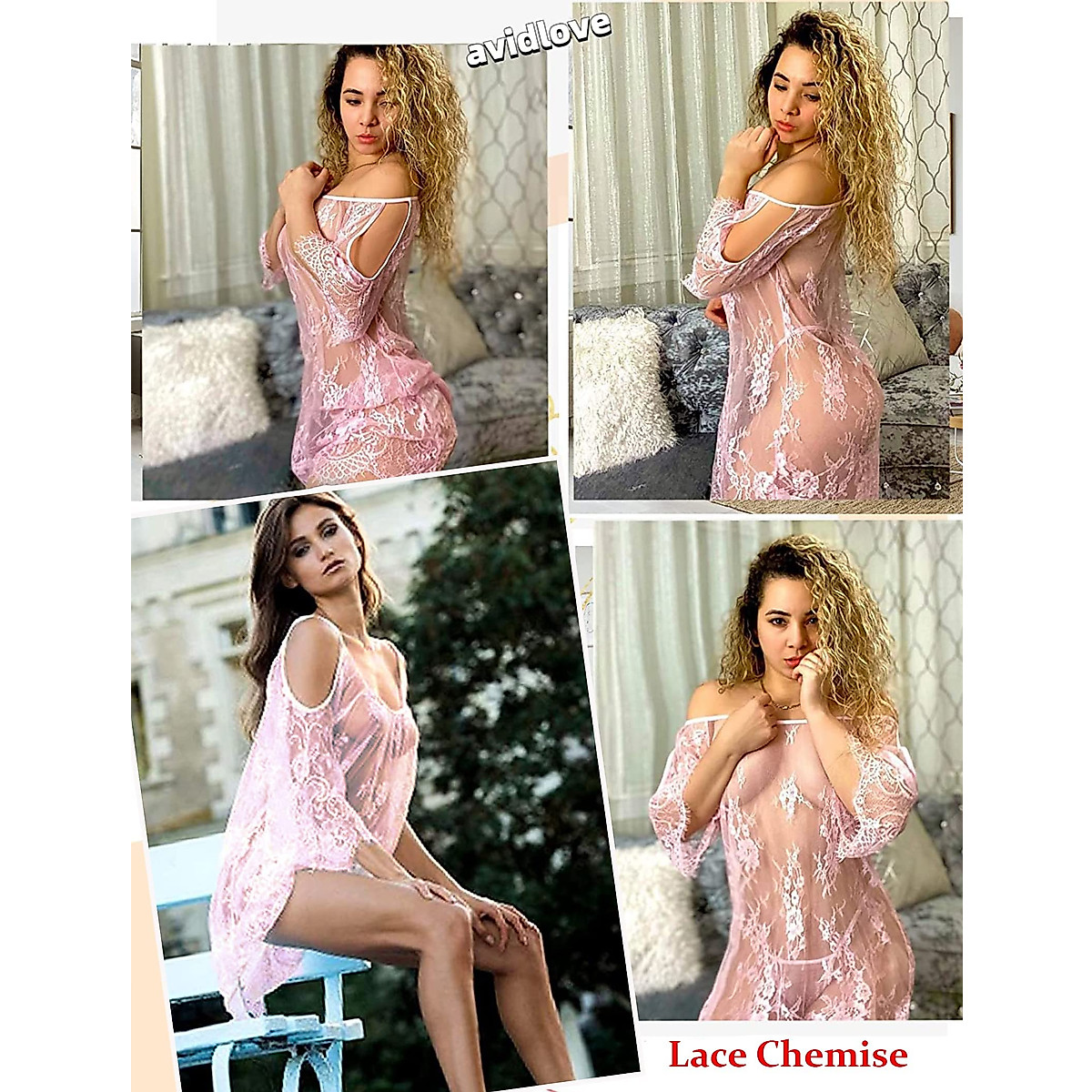 Avidlove Women Lingerie Lace Babydoll V Neck Sleepwear Strap Chemise(Pink,Large)