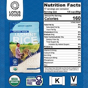 Lotus Foods Organic White Jasmine Rice - Jasmine Rice, Gluten Free White Rice, Organic Rice, Long Grain Asian Sticky Rice, USDA Organic, Vegan, Gluten Free - 30 Oz (Pack of 6)