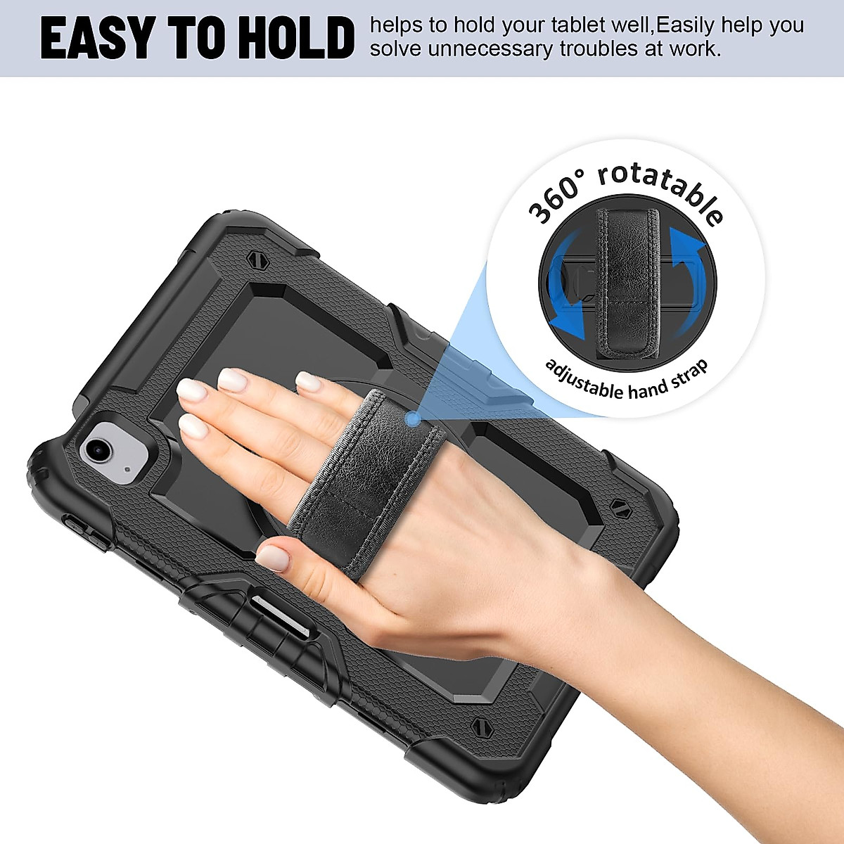 iPad Air 5/4 Case 10.9'' 2022/2020, iPad Pro 11 Case 2021/2020/2018, [Kid Proof] Ambison Full Body Protective Case with 9H Tempered Glass Screen Protector, 360° Rotatable Kickstand/Hand Strap (Black)