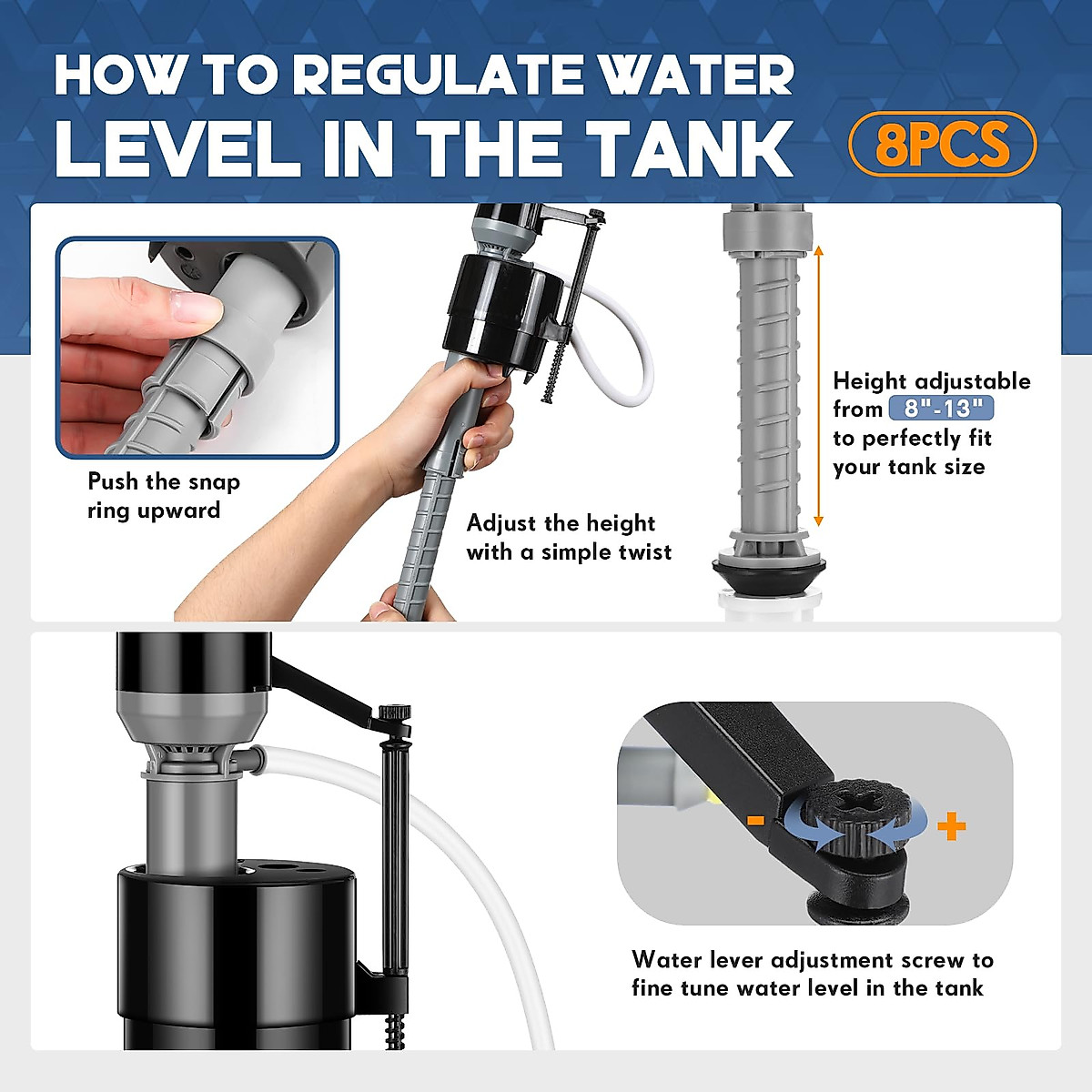 Lasnten 8 Pieces Toilet Fill Valve Toilet Tank Replacement Kit Toilet Valve Replacement Kit Toilet Flush Valves Toilet Parts Inside Tank for Tank and Bowl Water Control