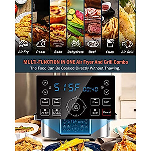 Grill and Air Fryer Combo, CATTLEMAN CUISINE 10-in-1 Indoor Electric Grill, Stainless Steel Air Fryer Grill with Air Grill, Air Fryer, Roast, Bake, Dehydrate, Beef & Fries, 6.5QT, Silver