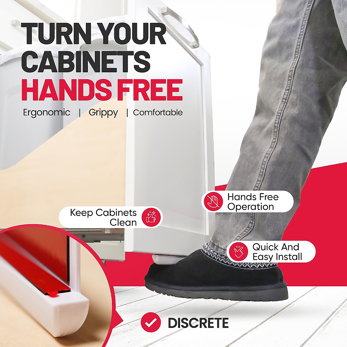 The Handless Handle – Hands-Free Garbage Drawer Foot Pull Handle, Touchless Opener for Drawers, Bins, & Cabinets