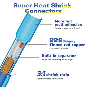 Haisstronica 200PCS 16-14 Awg Blue Heat Shrink Butt Connectors-Tinned Red Copper 0.8mm-Marine Grade Insulated Crimp Wire Connectors-Waterproof Electrical Connectors-Butt Splice for Marine,Boat,Stereo